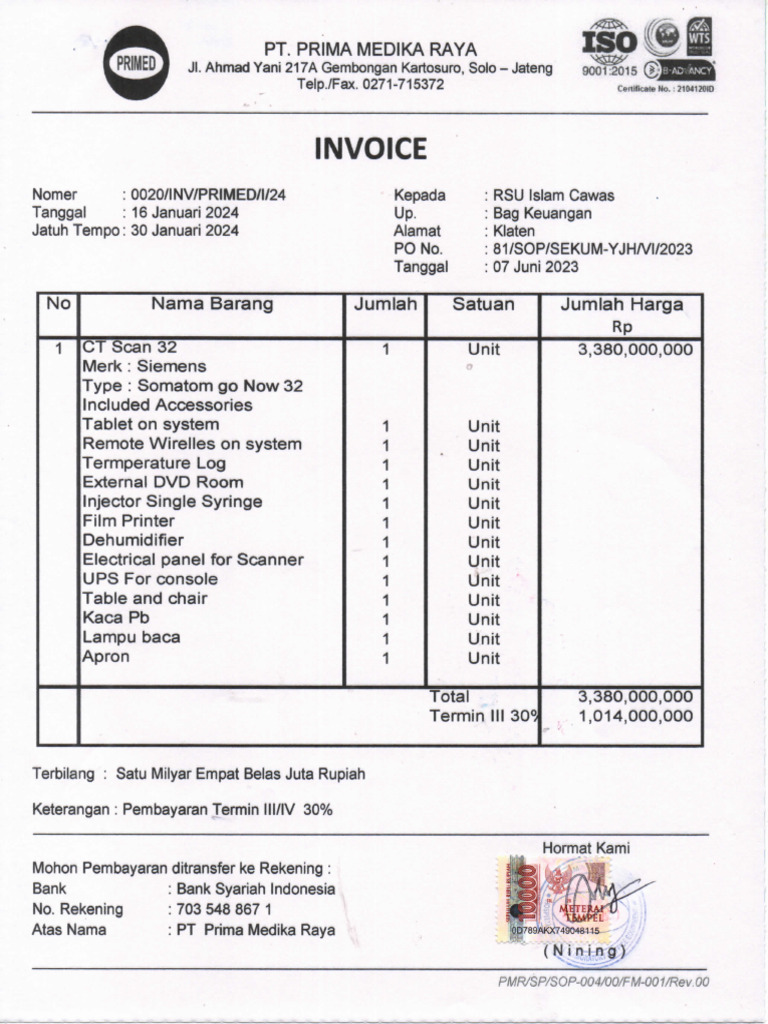 0020.invoice RSI Cawas Termin 3 CT Scan | PDF