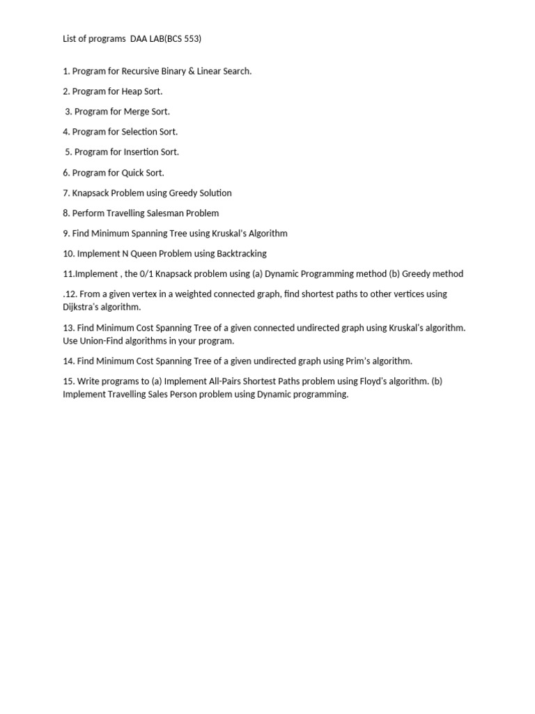 DAA Lab Programs Overview | PDF