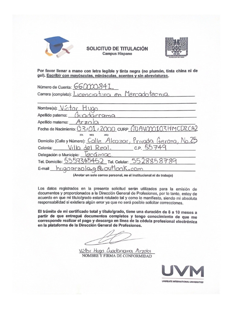 SOLICITUD_VÍCTOR HUGO GUADARRAMA ARZOLA | PDF