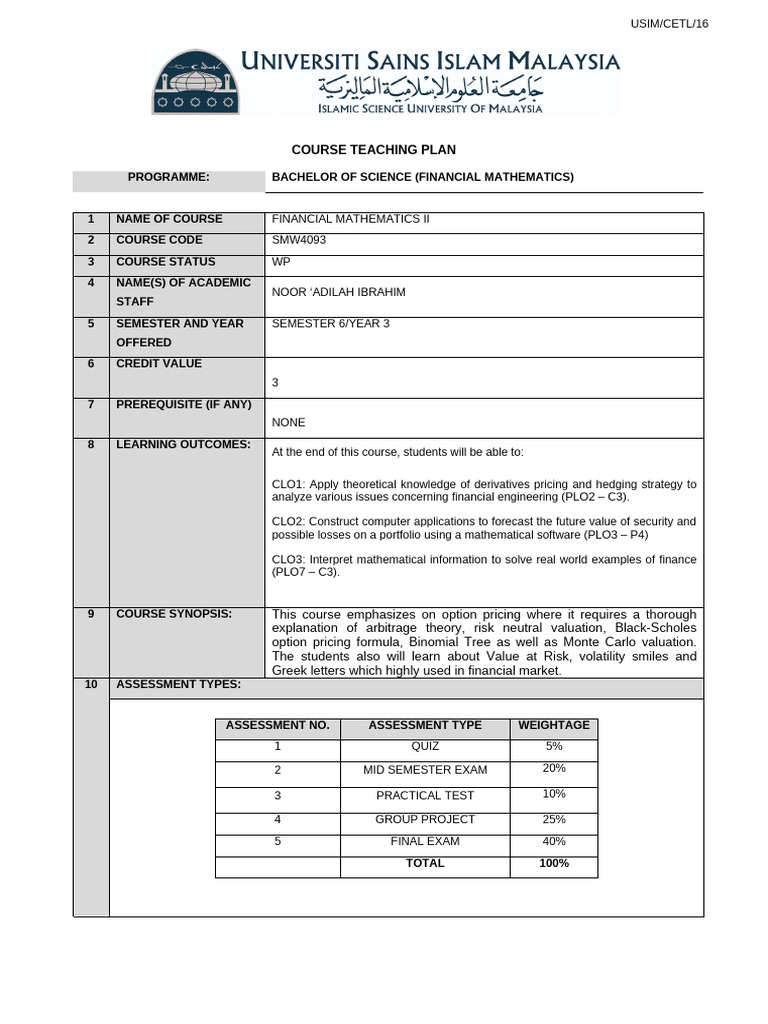 Financial Mathematics II Course Plan | PDF | Option (Finance) | Black–Scholes Model