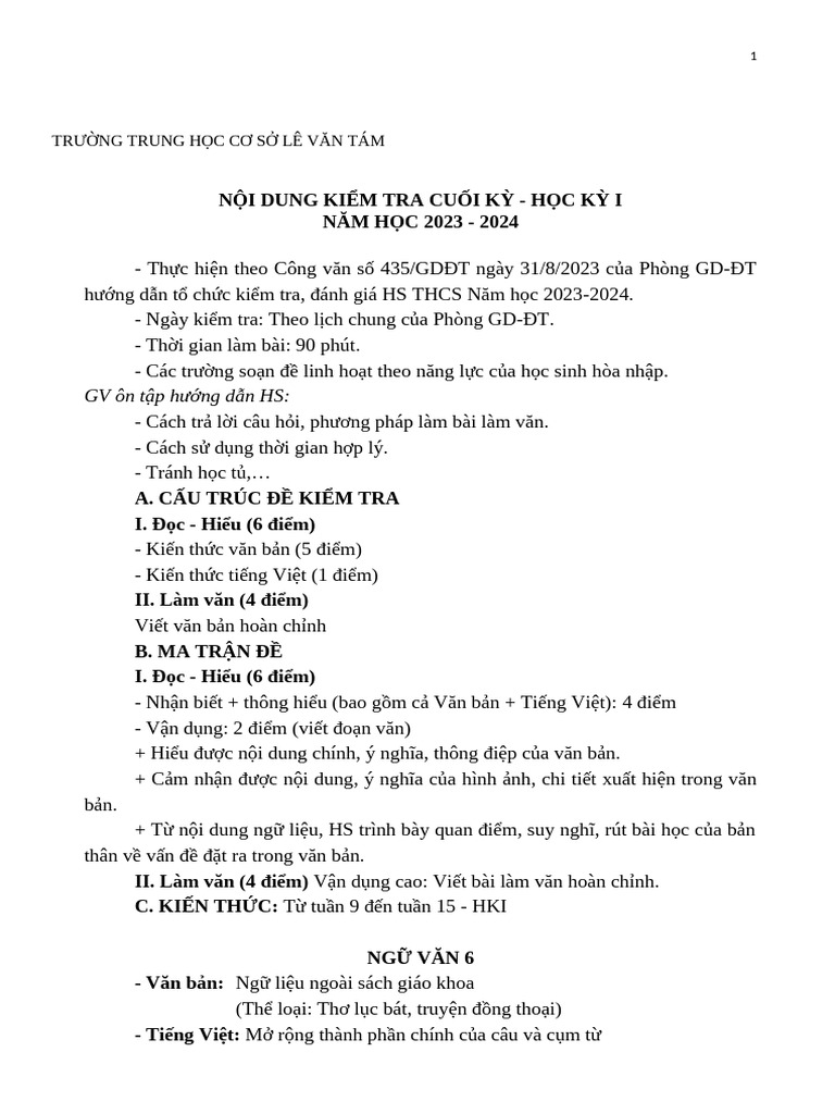 LVT - N I Dung KTCK Hki - Văn 4 | PDF