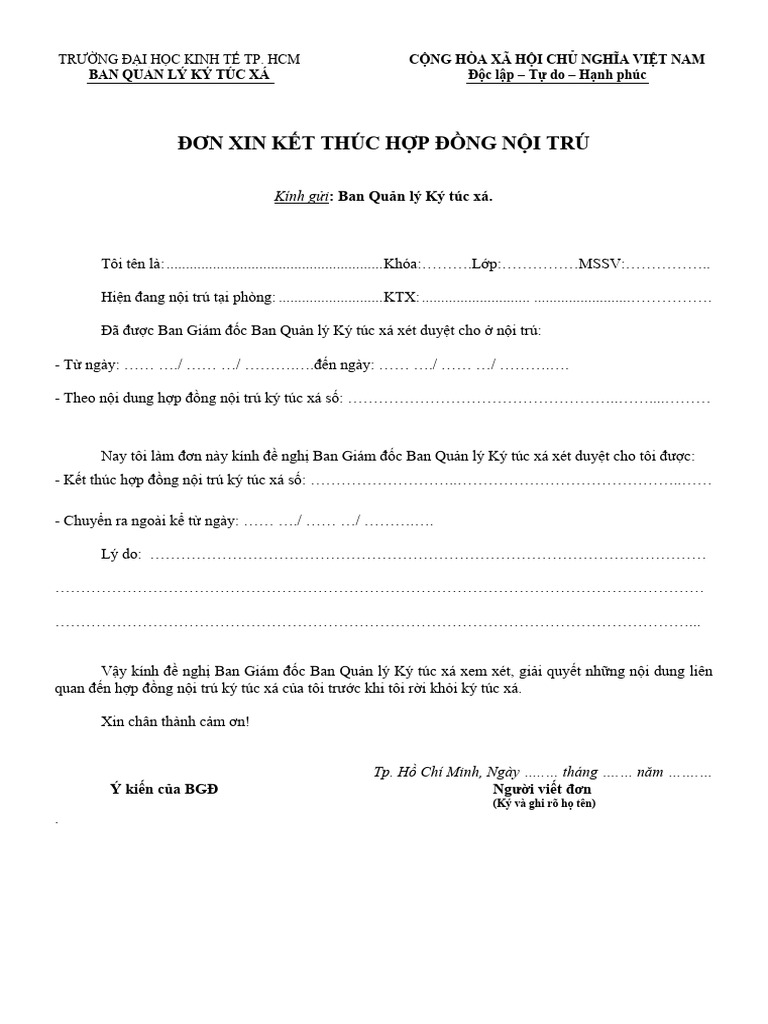 Mau Don Xin Ket Thuc Hop Dong Noi Tru | PDF