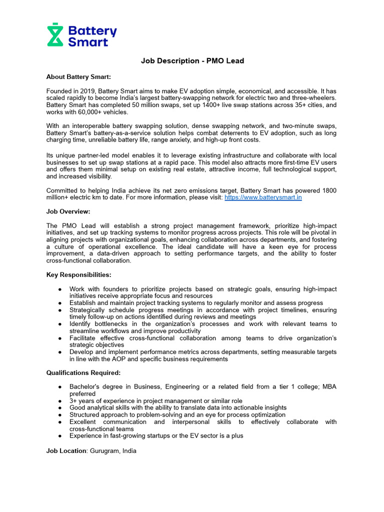 Battery Smart - JD - PMO Lead v2 | PDF | Project Management | Goal