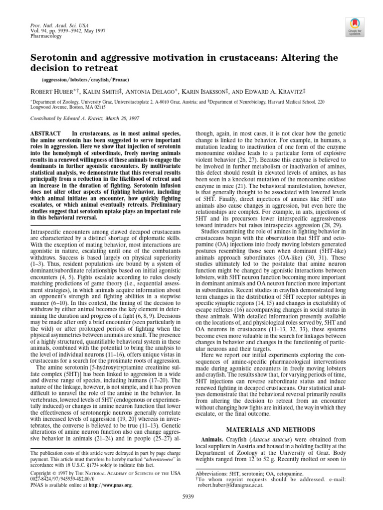 Huber Et Al 1997 Serotonin and Aggressive Motivation in Crustaceans ...