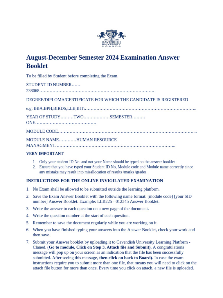 Examinationanswerbookletdecember2024 (2) For HRM | PDF | Recruitment | Performance Indicator