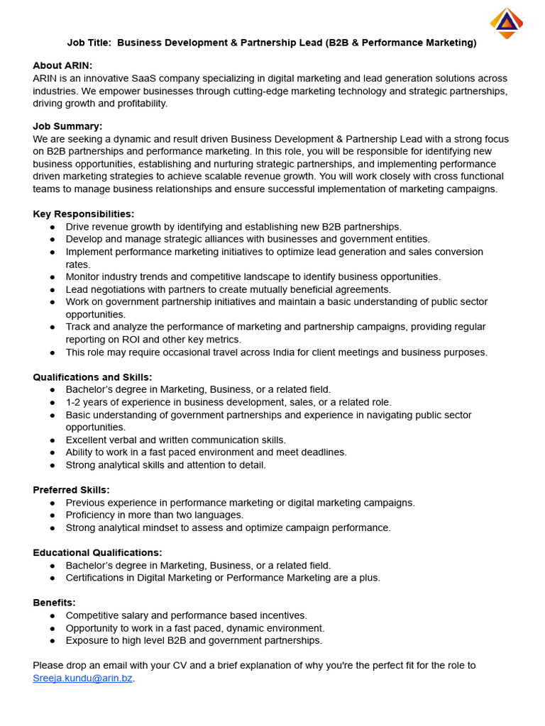 Job Description | PDF | Marketing | Partnership