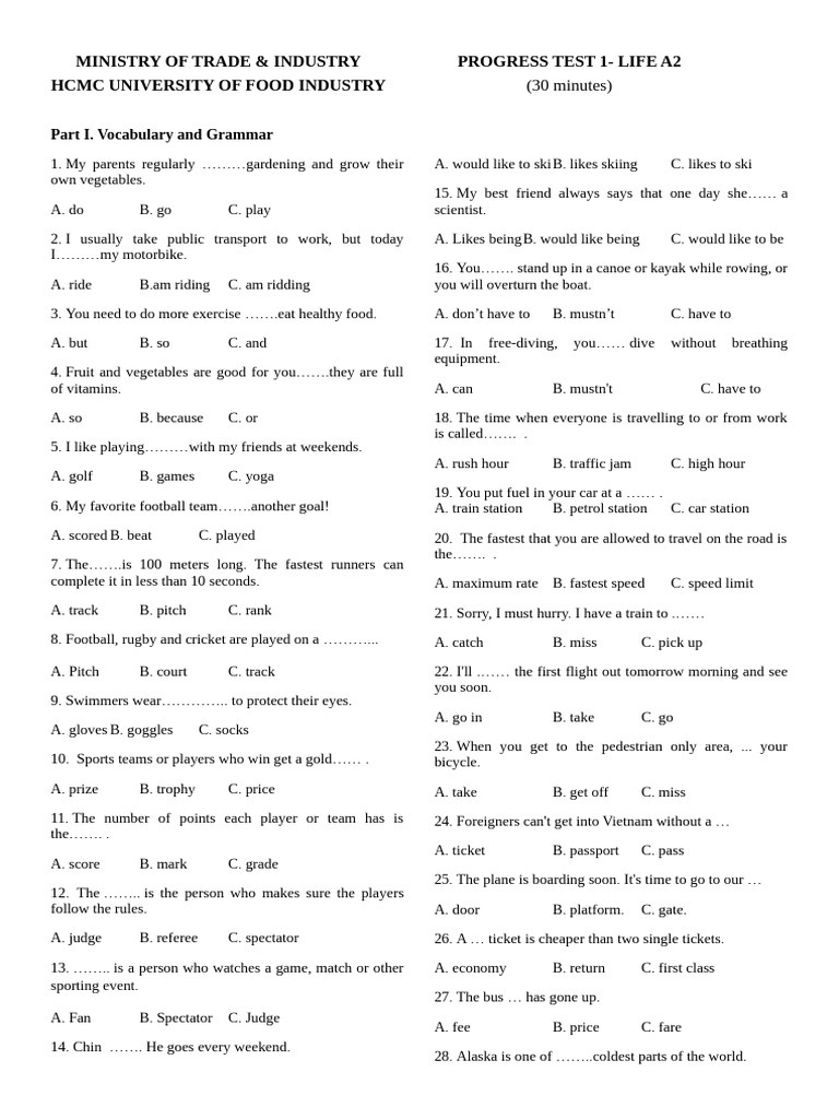 Life A2 Progress Test Vocabulary Grammar Pdf Hybrid Vehicle Car