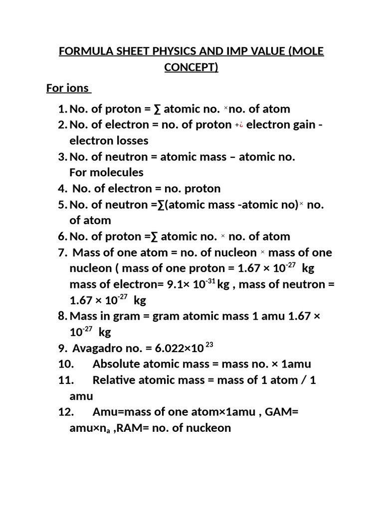 Formula Sheet of Mole Concept | PDF