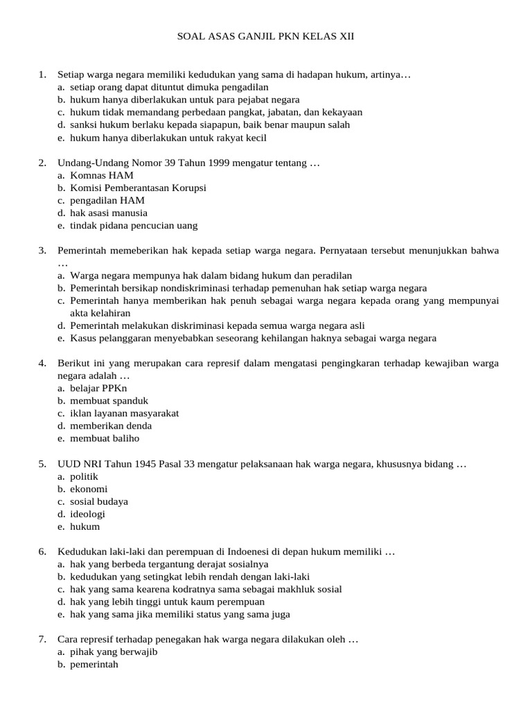 (PKN XII) SOAL ASAS GANJIL | PDF