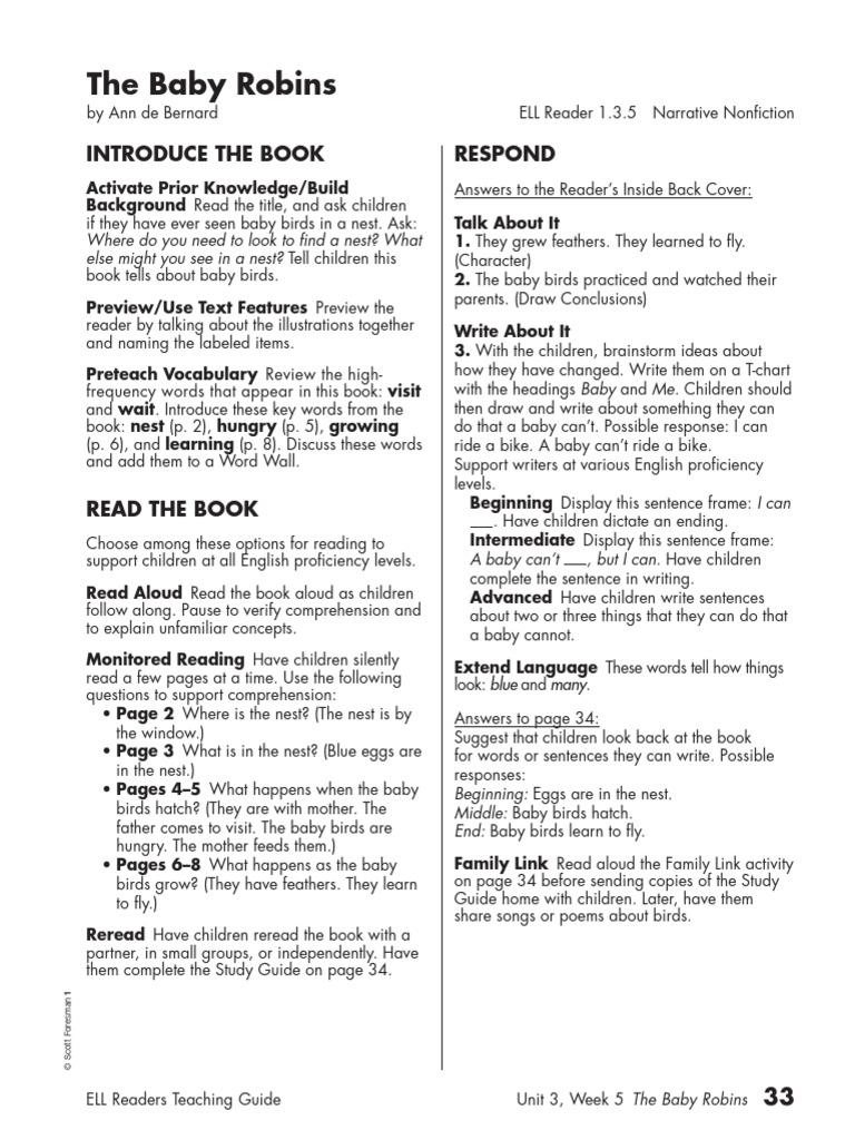 ELL Teaching Guide: The Baby Robins | PDF | Reading Comprehension ...