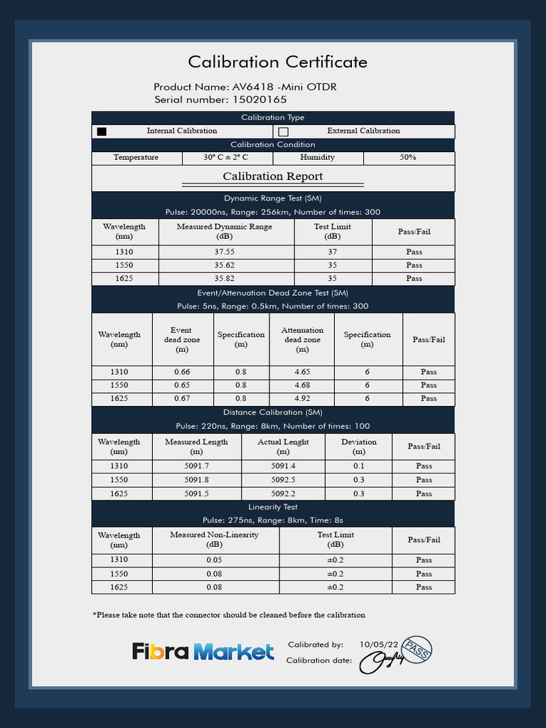 OTDR Calibration Certificate Report | PDF | Calibration | Metrology