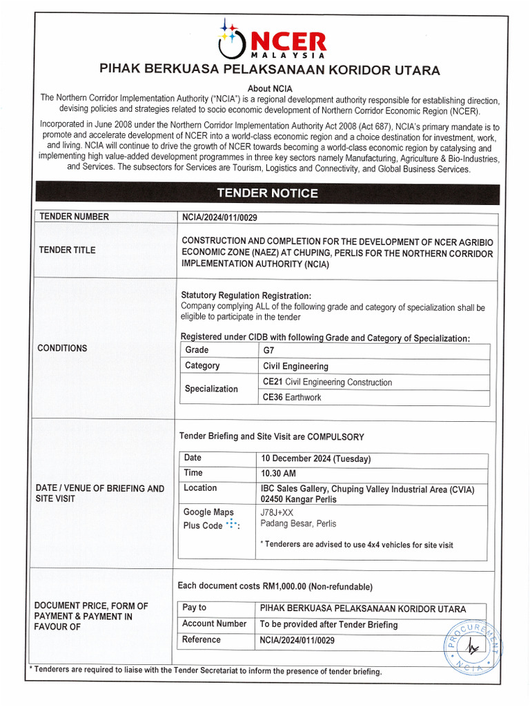 NCER - NAEZ, Chuping, Perlis - TENDER NOTICE | PDF