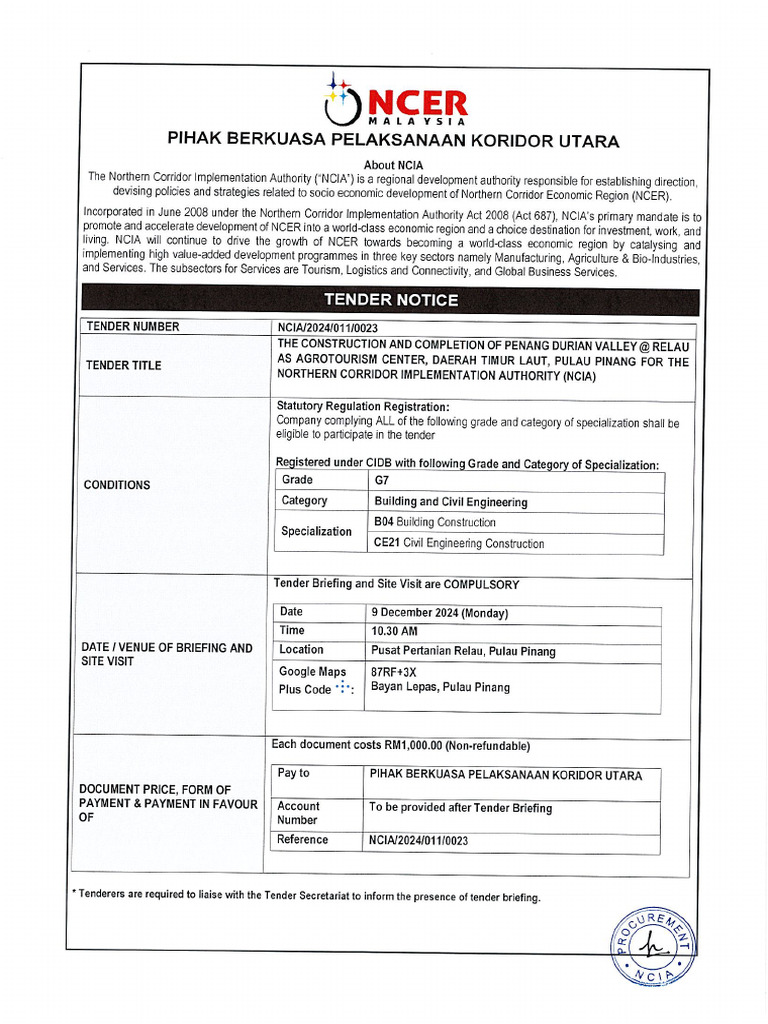 NCER-Penang Durian Valley, Daerah Timur Laut, Penang - Tender Notice | PDF