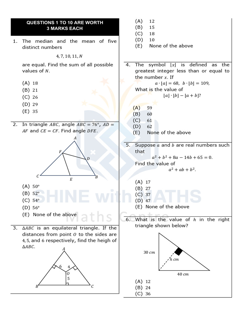 Math Problem Set with Solutions | PDF | Area | Arithmetic