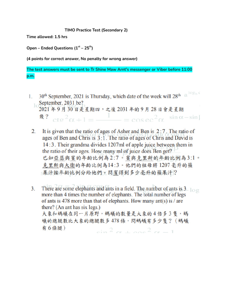 TIMO Practice Test (Secondary 2) | PDF