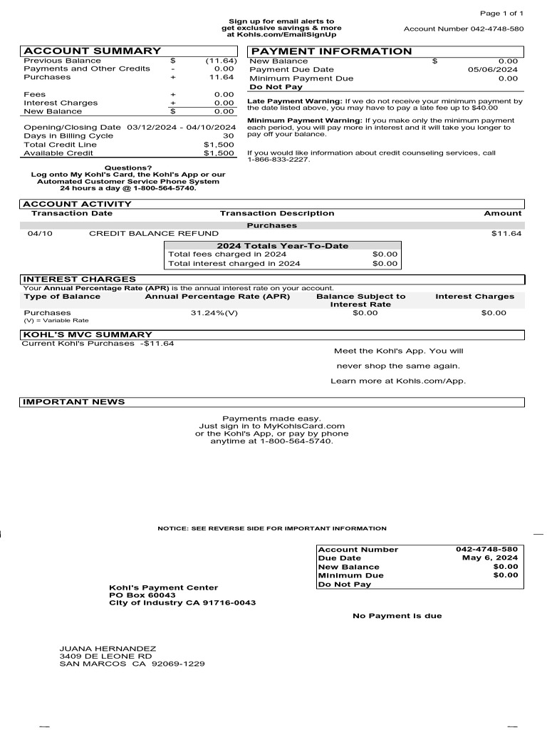 Kohl's Credit Card Statement Details | PDF | Credit Card | Interest