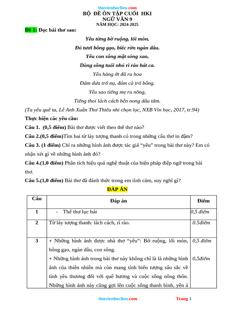 Bo de On Tap Cuoi HK1 Ngu Van 9 CTST | PDF