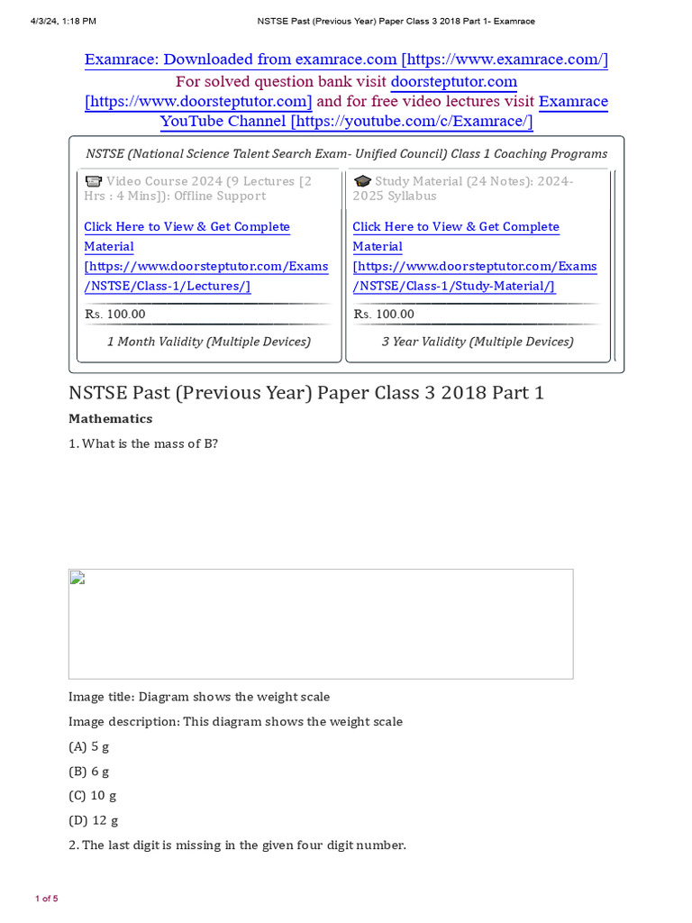 NSTSE Class 3 2018 Part 1 | PDF