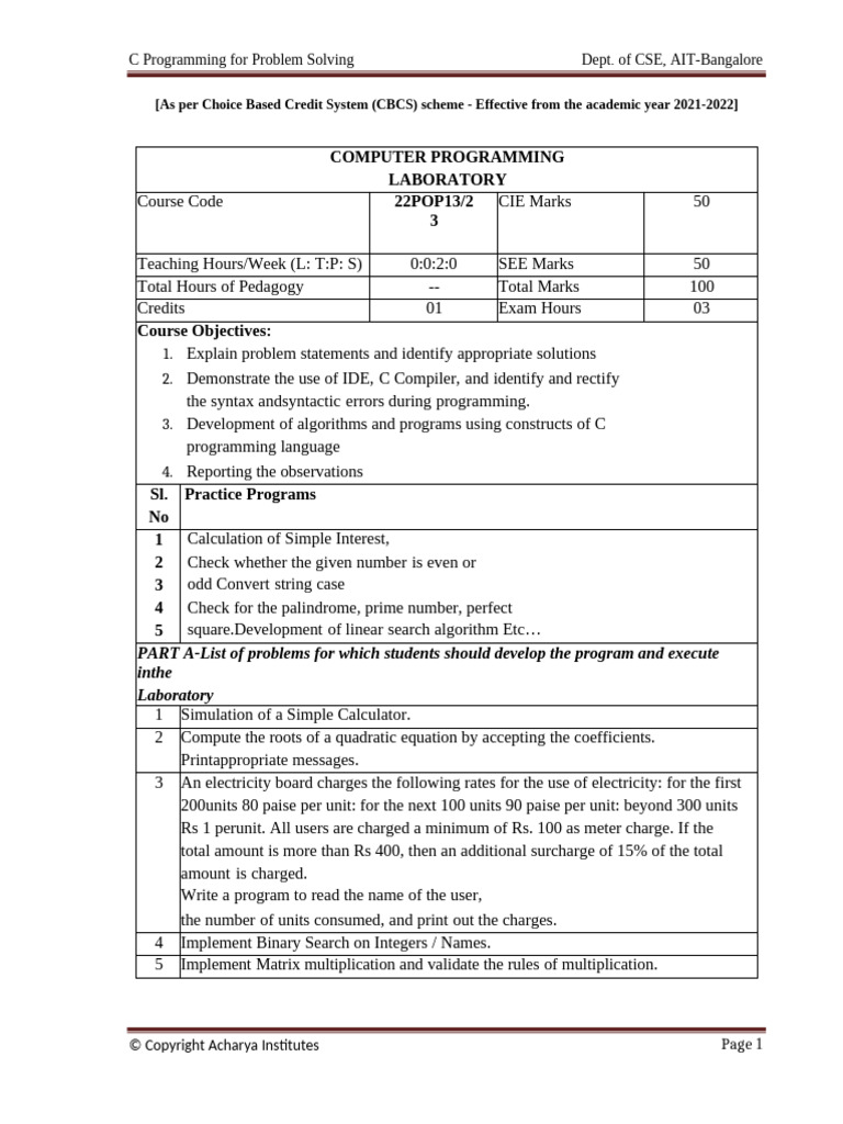 Principles of Programming Using C Laboratory | PDF | Computer Program ...