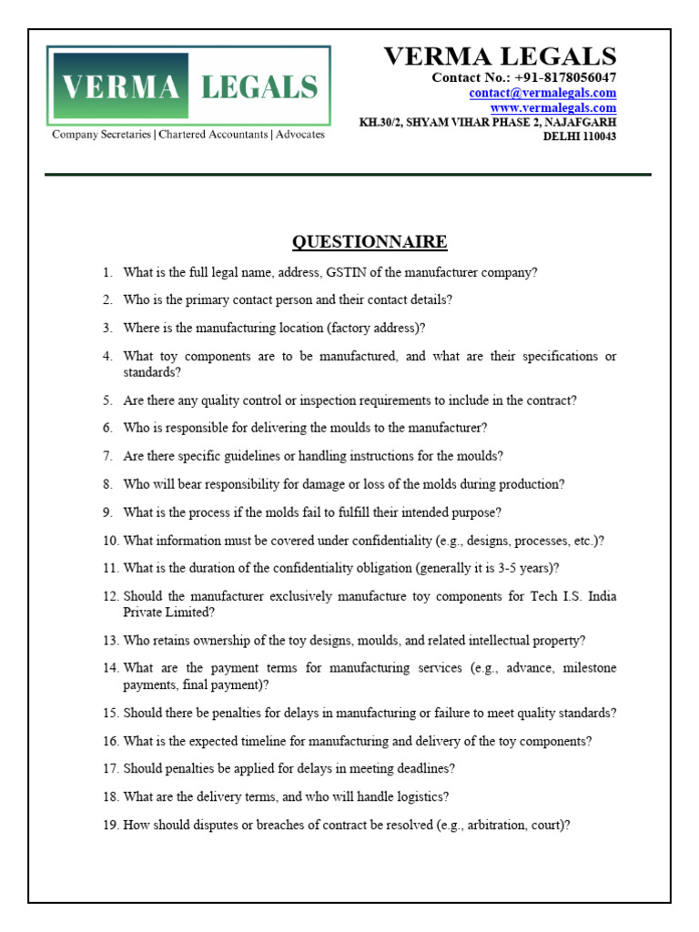 QUESTIONNAIRE FOR MANUFACTURING AGREEMENT | PDF | Business | Justice