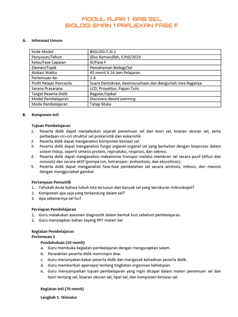 Modul Ajar 1 Bab Sel Biologi Sman 1 Prajekan Fase F: A. Informasi Umum | PDF