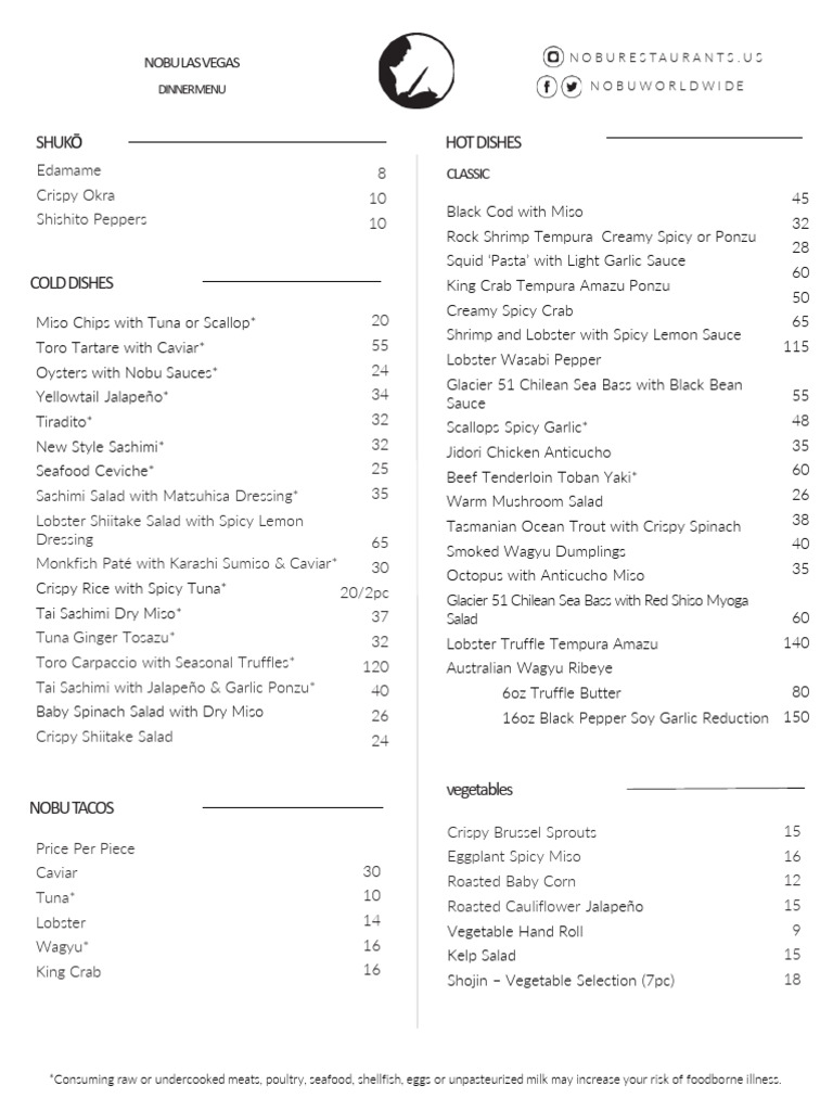 NOBU Vegas Menu June 2023 | PDF | Cuisine | Cooking