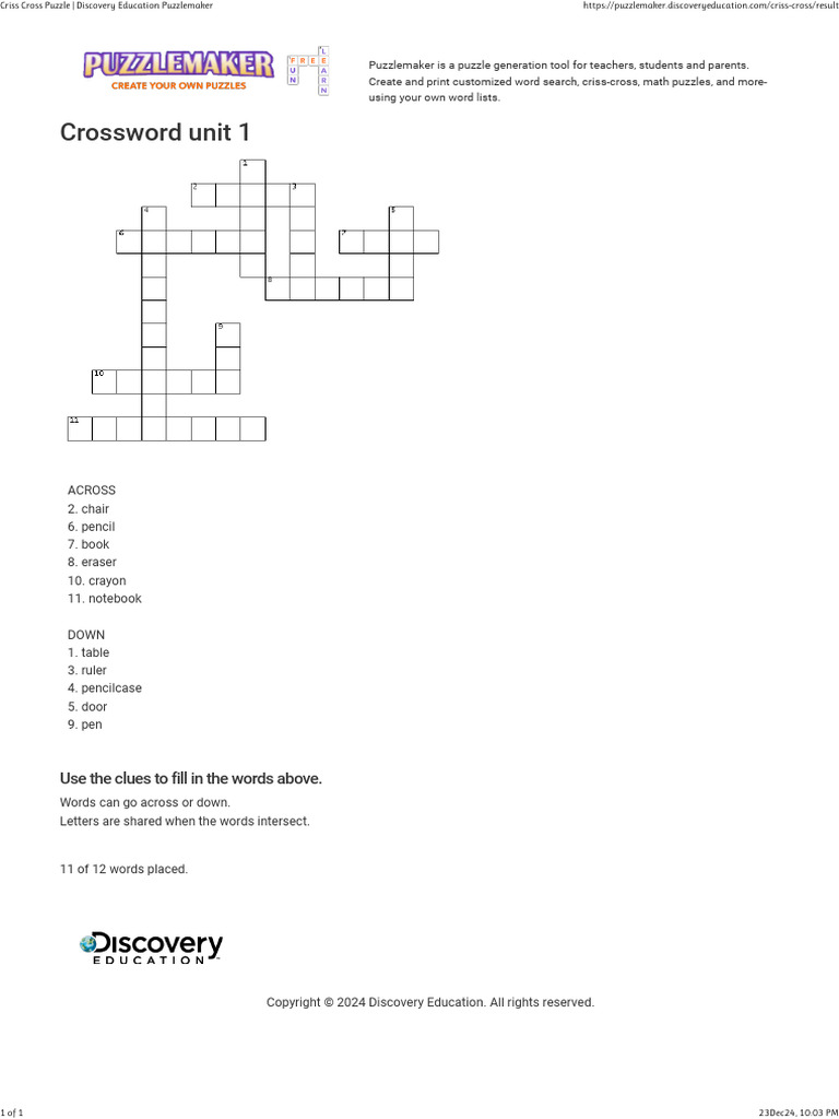 Criss Cross Puzzle _ Discovery Education Puzzlemaker | PDF