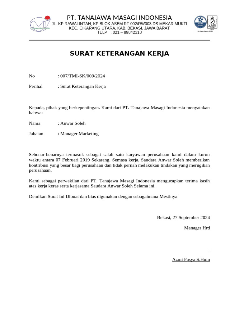 Surat Keterangan Kerja Anwar Soleh | PDF