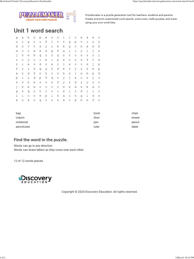 Word Search Puzzle - Discovery Education Puzzlemaker | PDF | Word ...