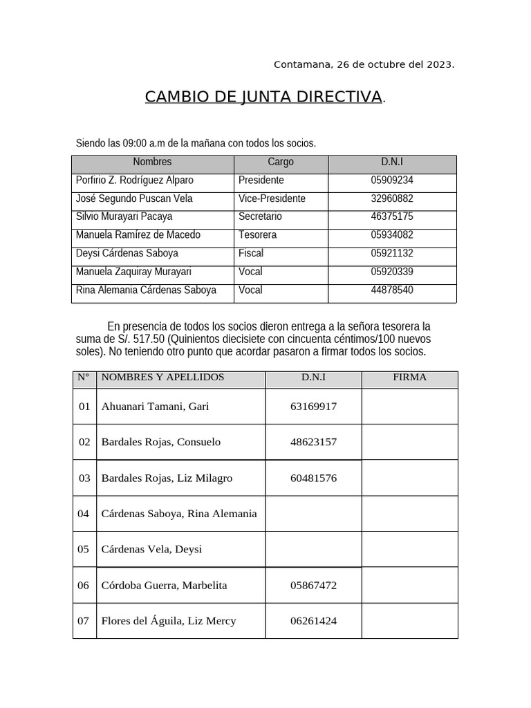 Acta-Cambio de Junta Directiva | PDF
