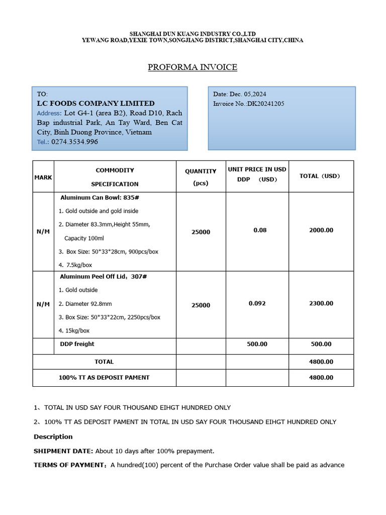 CHÉN NHÔM - SHANGHAI DUN KUANG - Proforma Invoice 05.12.2024 | PDF