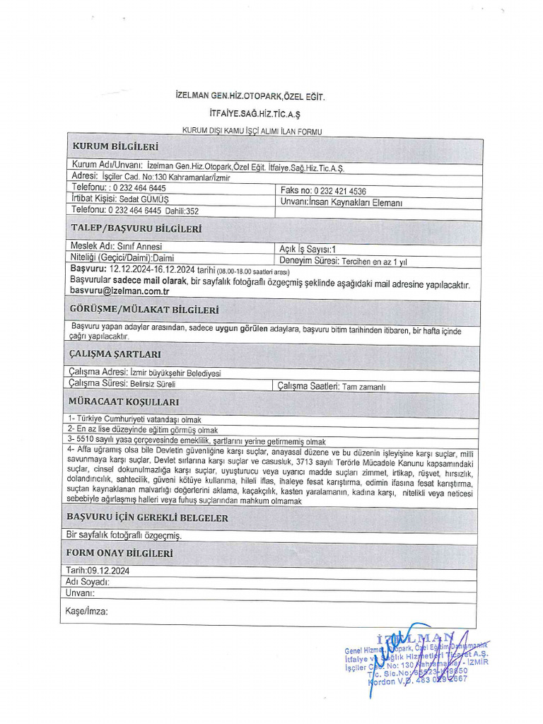 Izmir Izelman Genel Hizm Otop Oz Eg Itf Sag Hizm Tic A S 16-12-2024 | PDF