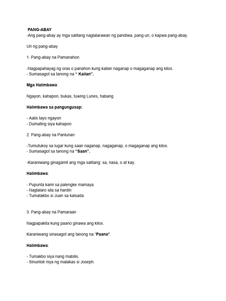 Pang-Abay at Ang Mga Uri Nito | PDF