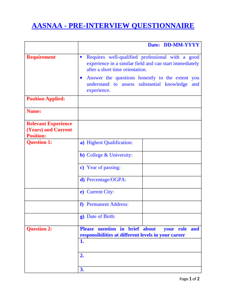AASNAA Pre-Interview Questionnaire | PDF