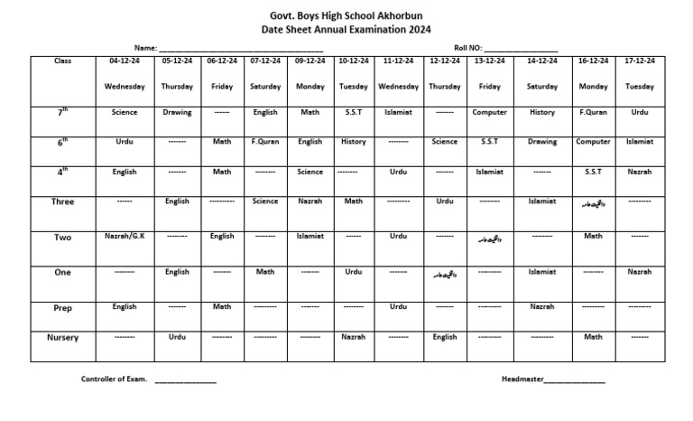 High School Date Sheet 2024 | PDF