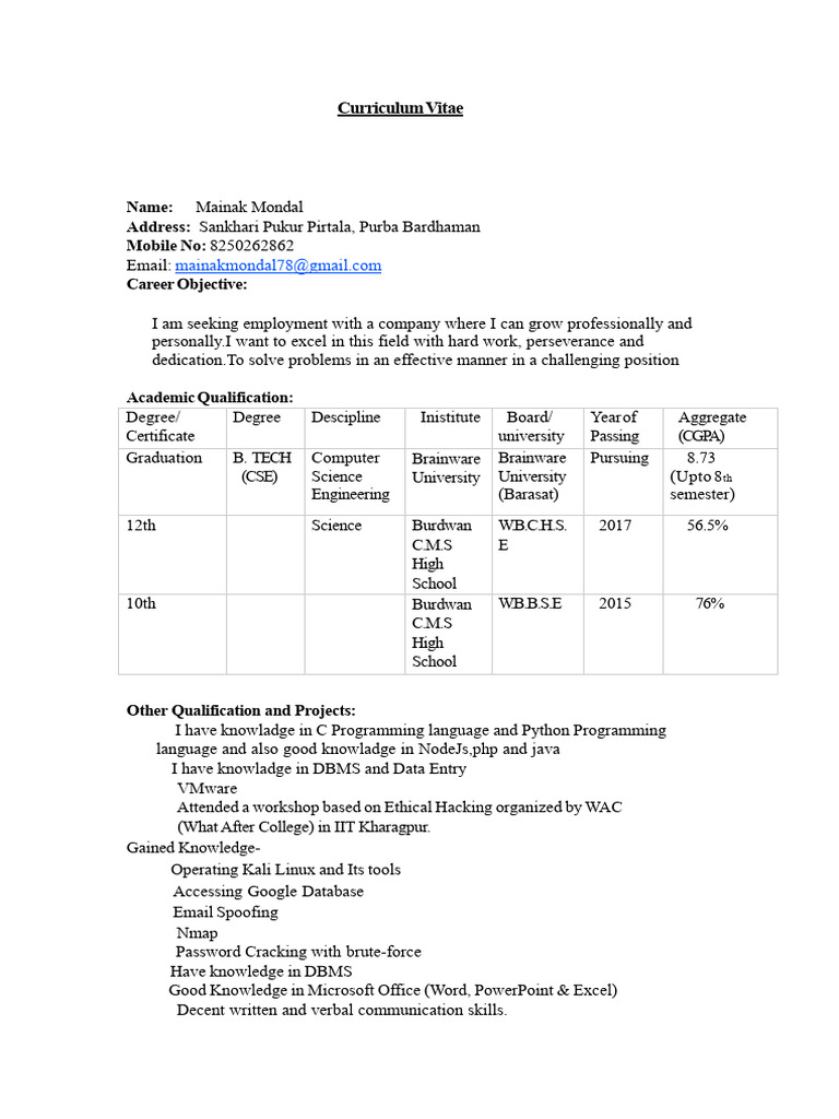 Mainak Mondal's CV: Computer Science Graduate | PDF