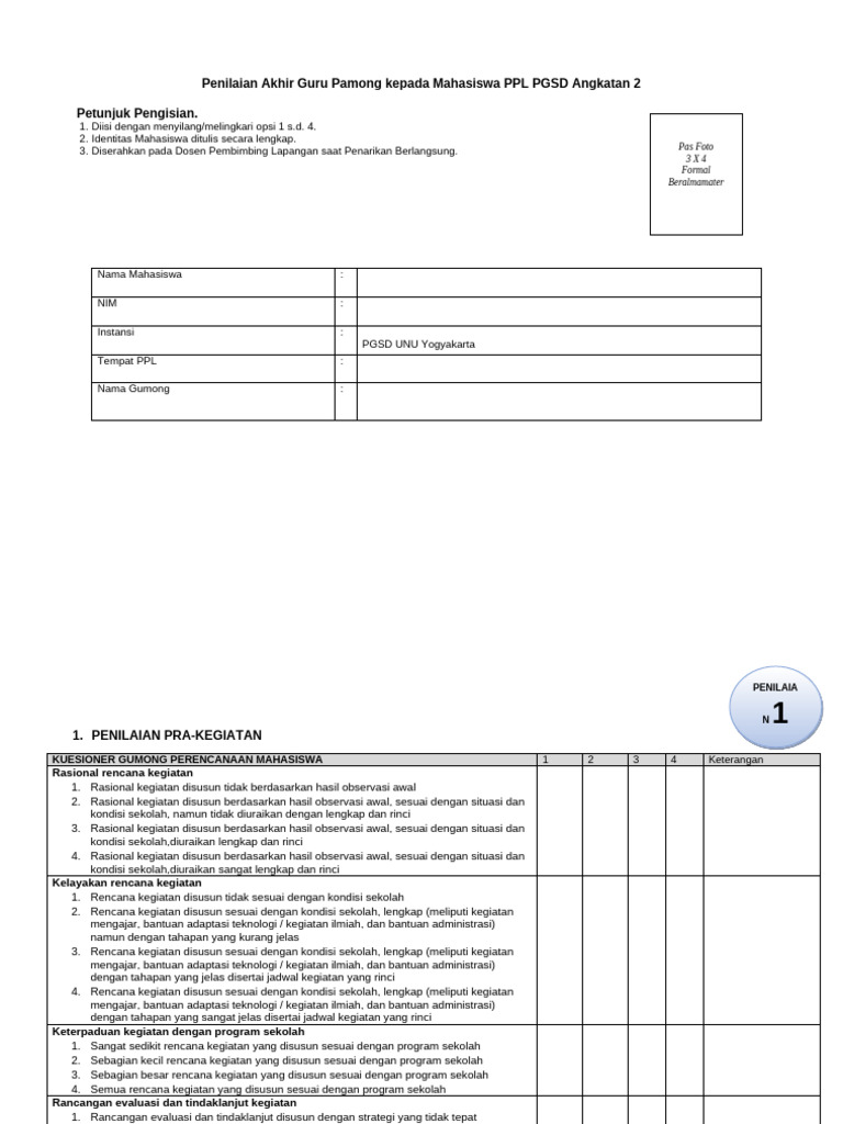 8 Penilaian Guru Pamong Kepada Mahasiswa PPL PGSD Angkatan 2 | PDF