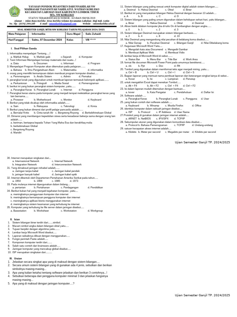 FORMAT SOAL PAS GANJIL 2024-2025 kelas 8 | PDF