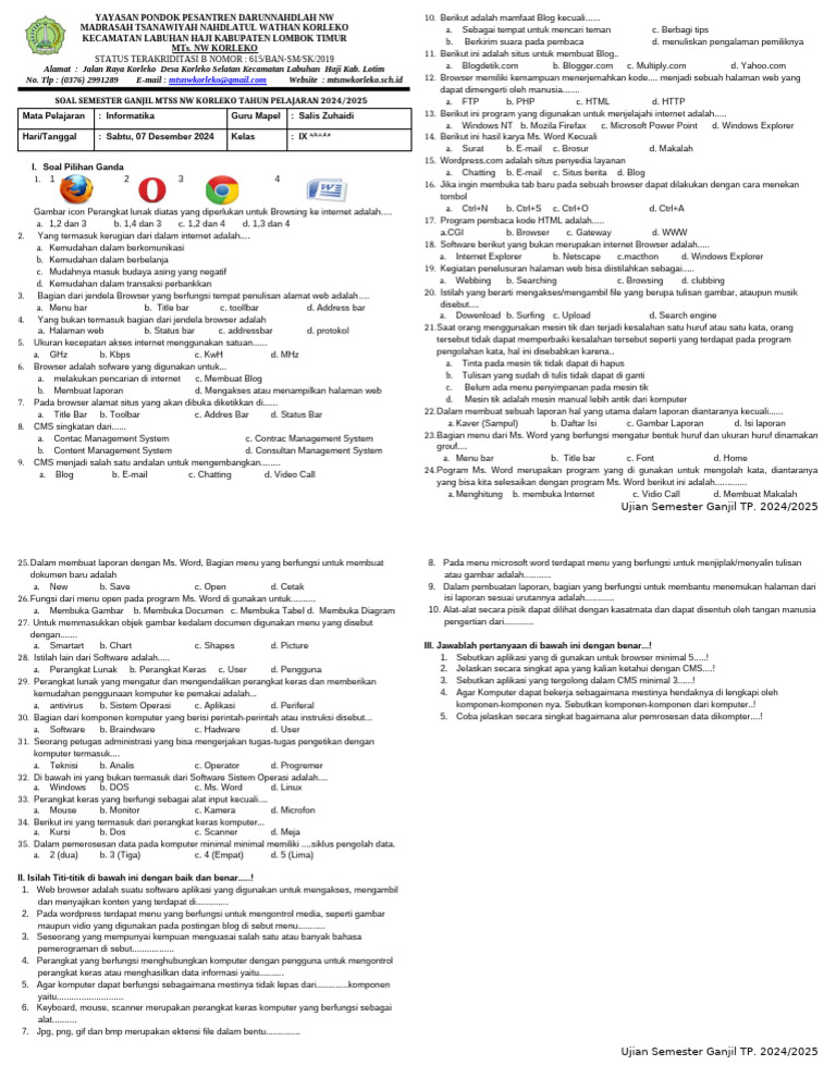 FORMAT SOAL PAS GANJIL 2024-2025 Kelas 9 | PDF