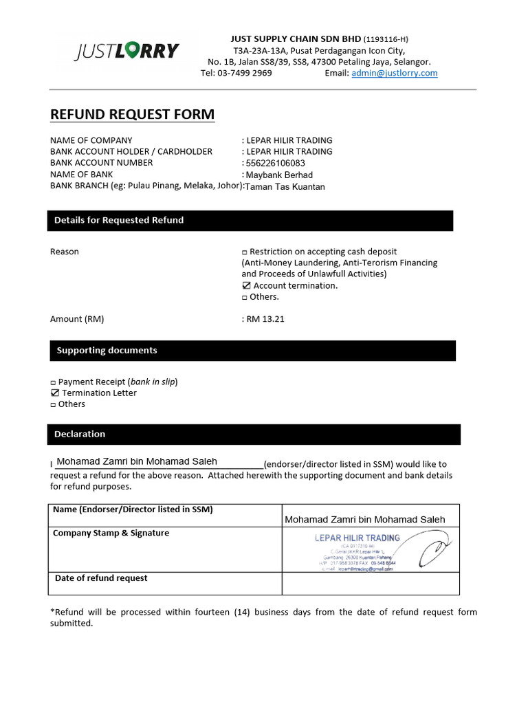 Lepar Hilir Trading - Refund Request Form | PDF