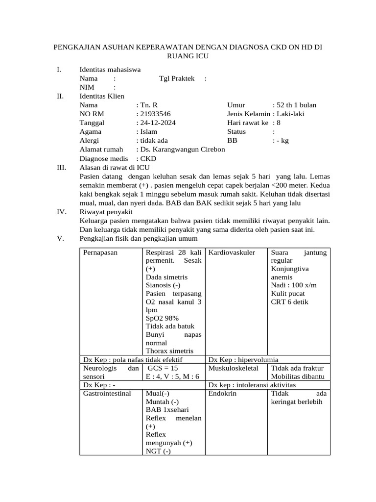 Pengkajian Asuhan Keperawatan Dengan Diagnosa CKD On HD Di Ruang Icu | PDF