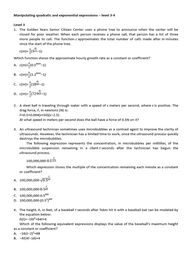 (Sat Math) Manipulating Quadratic and Exponential Expressions - Level 3 ...
