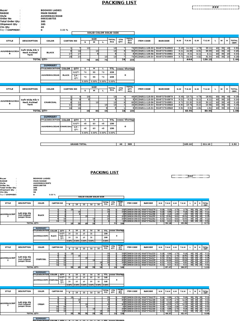 Boohoo Ladies Dummy Packing List - Qty - 12755 Pcs | PDF | Clothing ...