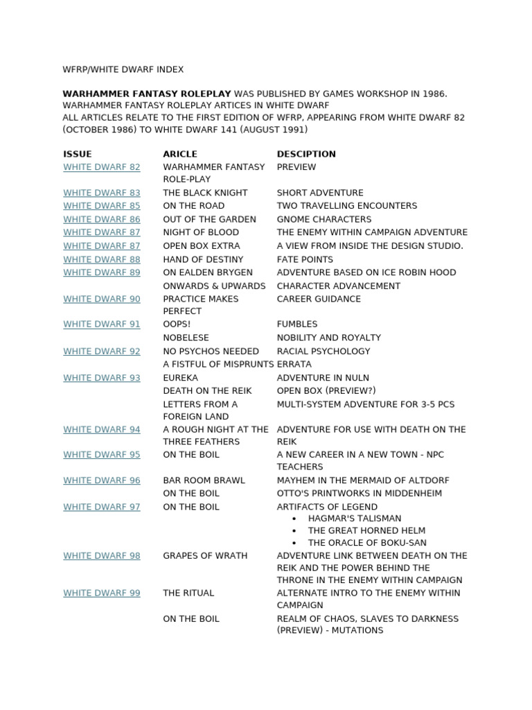 White Dwarf Index - WFB RPG | PDF | Fantasy Games | Fantasy