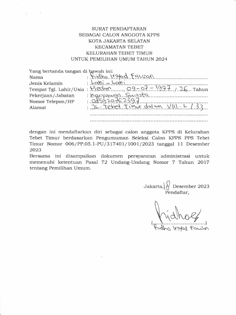 Surat Pendaftaran Ridho | PDF