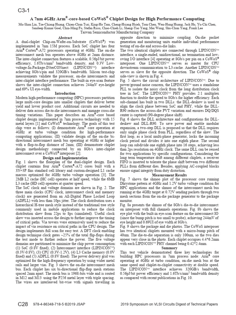 A 7nm 4GHz arm®-core-based CoWoS® chiplet design for high performance computing - (Lin 等) - 2019 ...