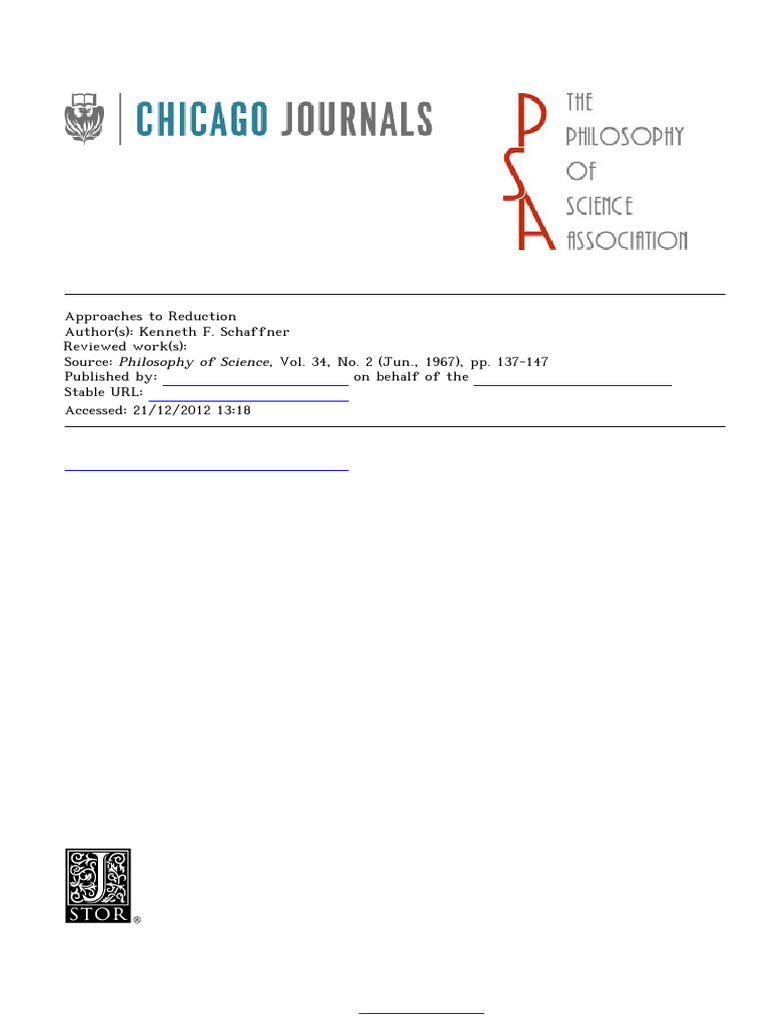 Approaches to Reduction (Philosophy of Science, vol. 34, issue 2) (1967 ...