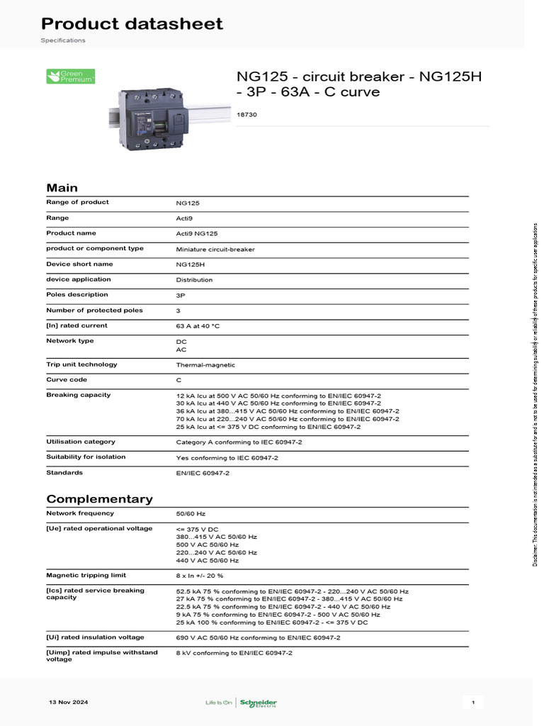 NG125H 3P 63A Circuit Breaker Specs | PDF | Power (Physics) | Power Engineering