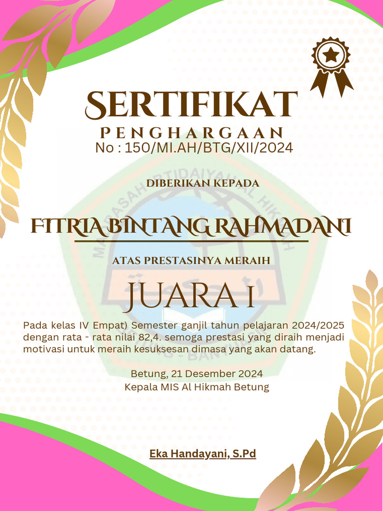 Hijau Emas Elegan Profesional Dokumen Sertifikat Juara Lomba | PDF