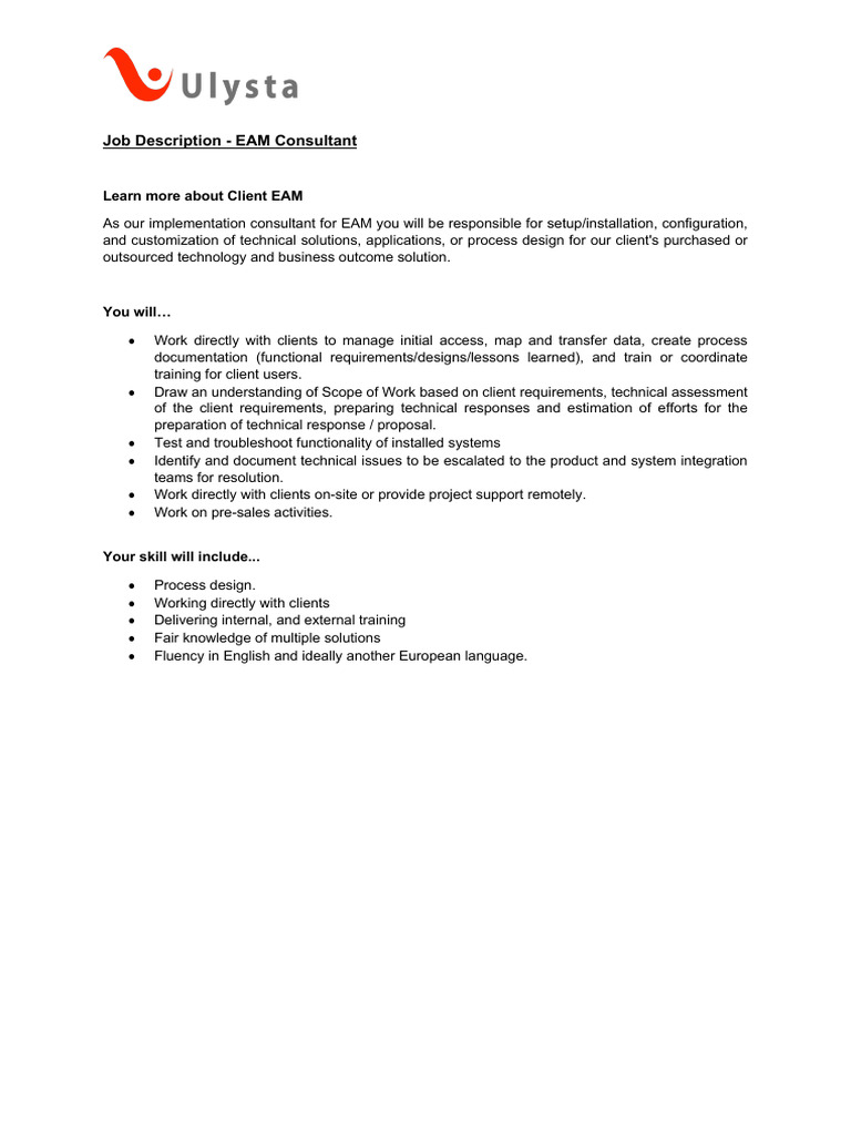 JD - Implementation Consultant - EAM | PDF